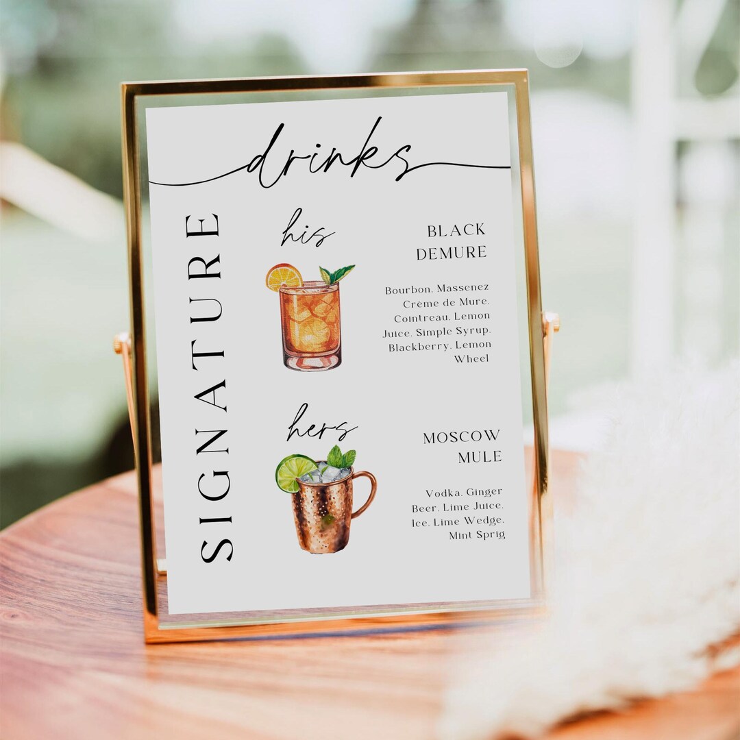 Signature Drink Bar Menu Sign Template, His and Hers Wedding Cocktails ...