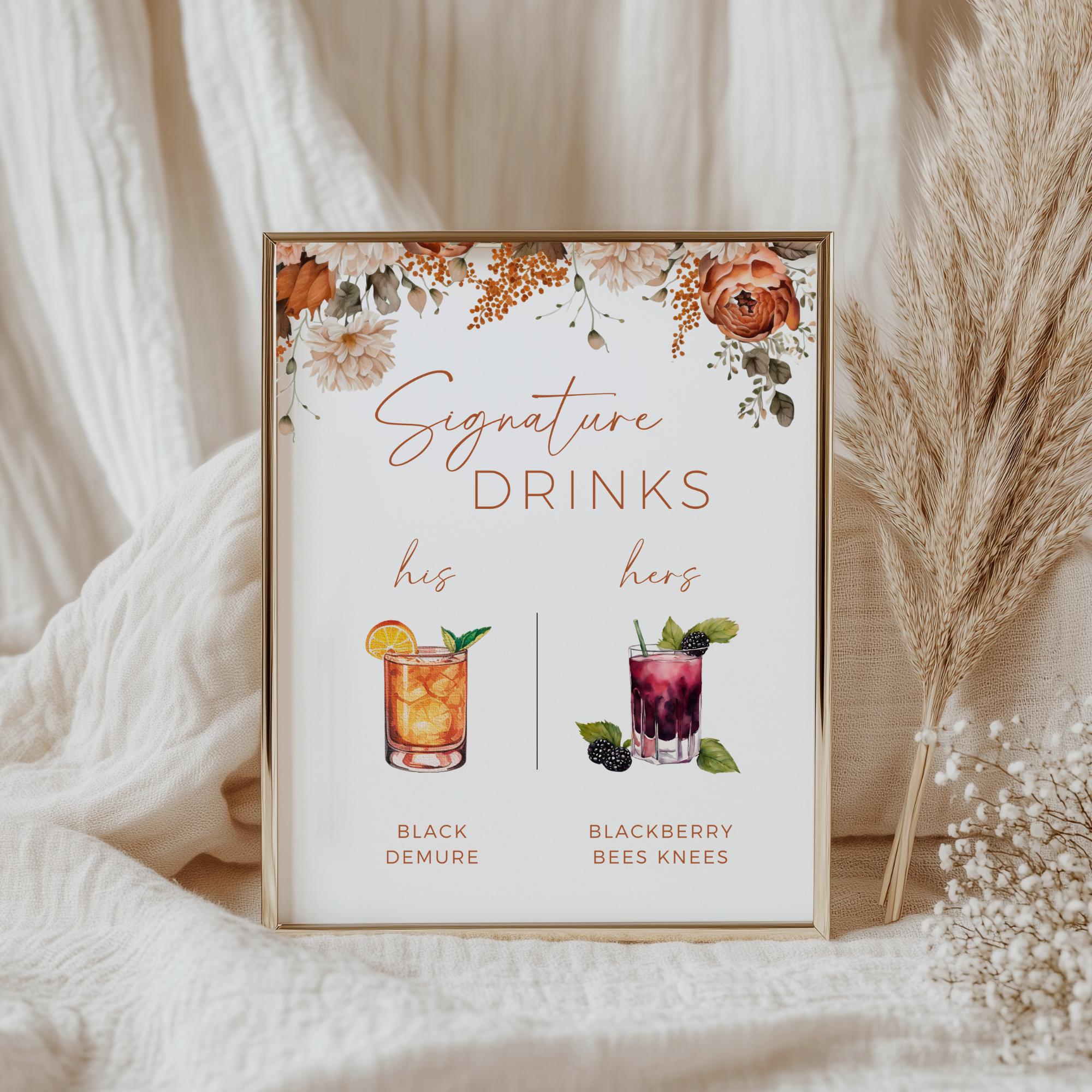 Fall Floral Signature Drink & Bar Menu Sign, Boho Rustic Wedding ...