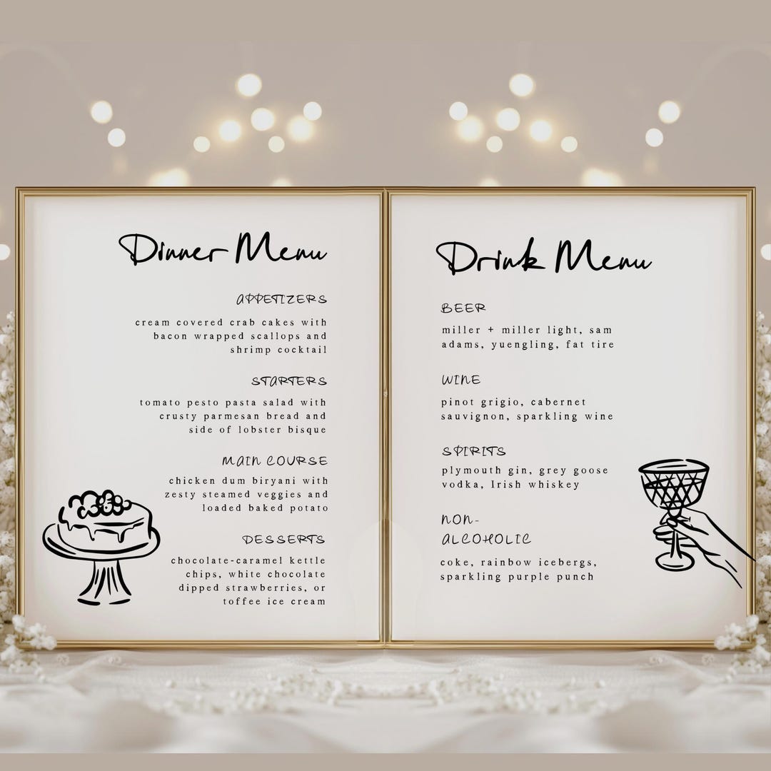 Editable Wedding Dinner & Drinks Menu Sign Bundle, DIY Canva Template ...