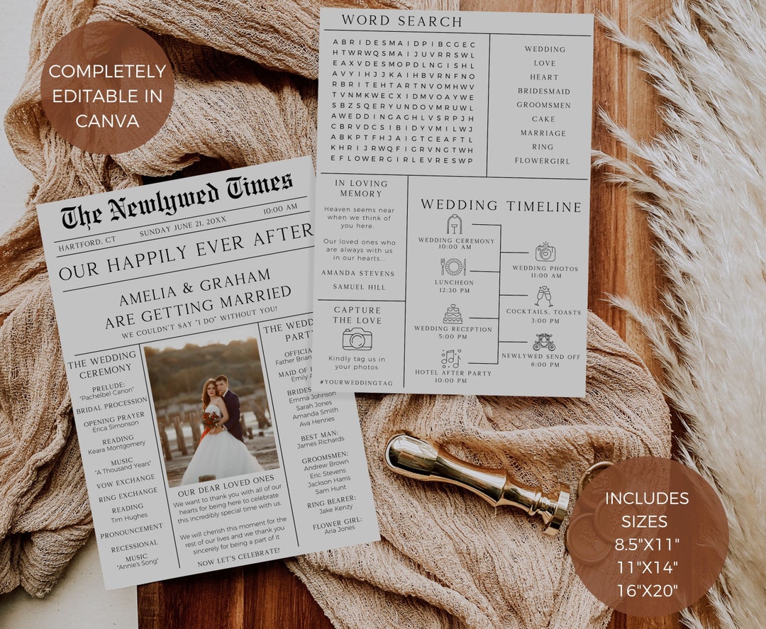 Newspaper Wedding Program Large Template, Newlywed Times Program ...