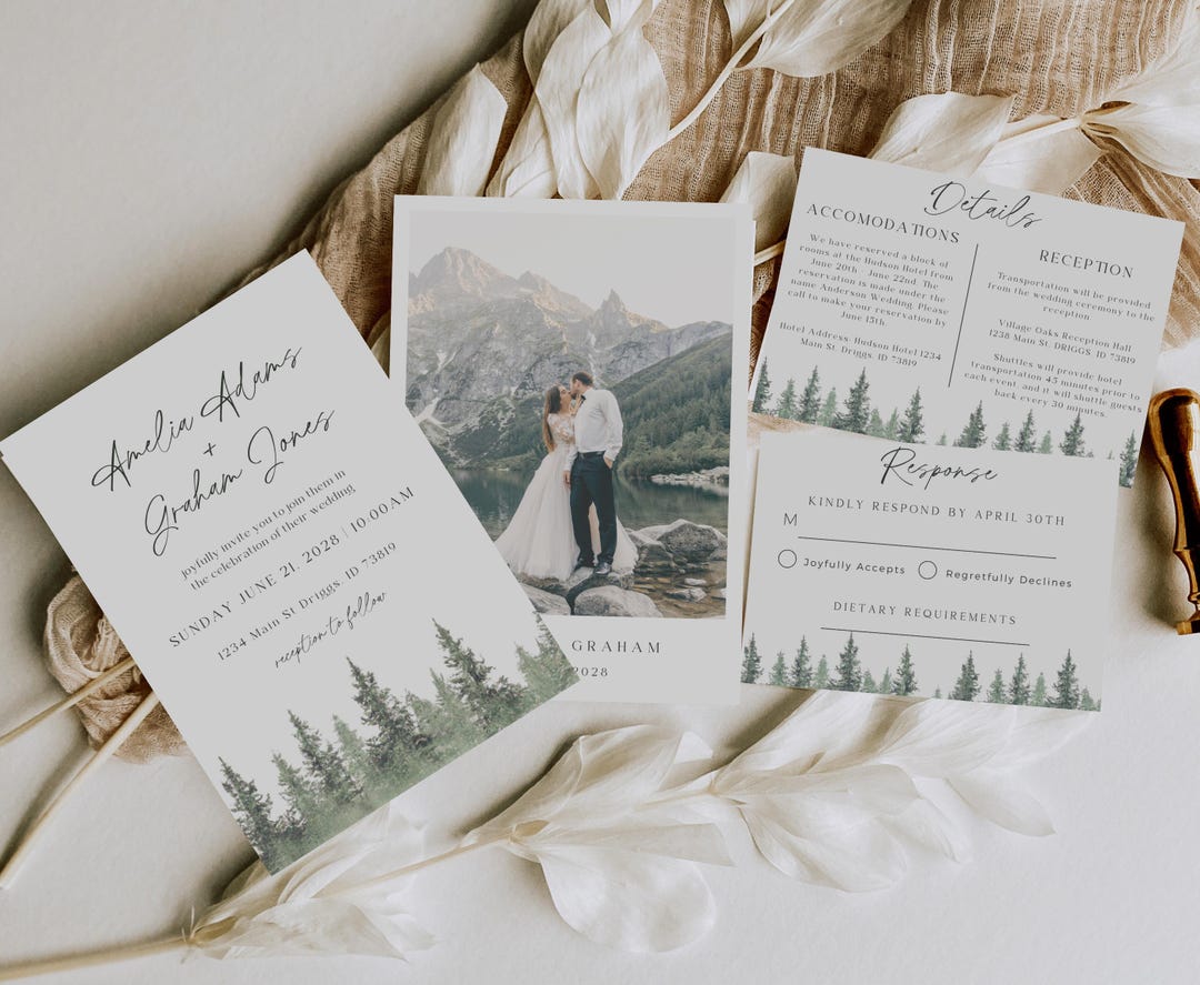 Pine Tree Wedding Invitation Template, Forest Wedding Invite Suite, Woodland Wedding, Printable ...
