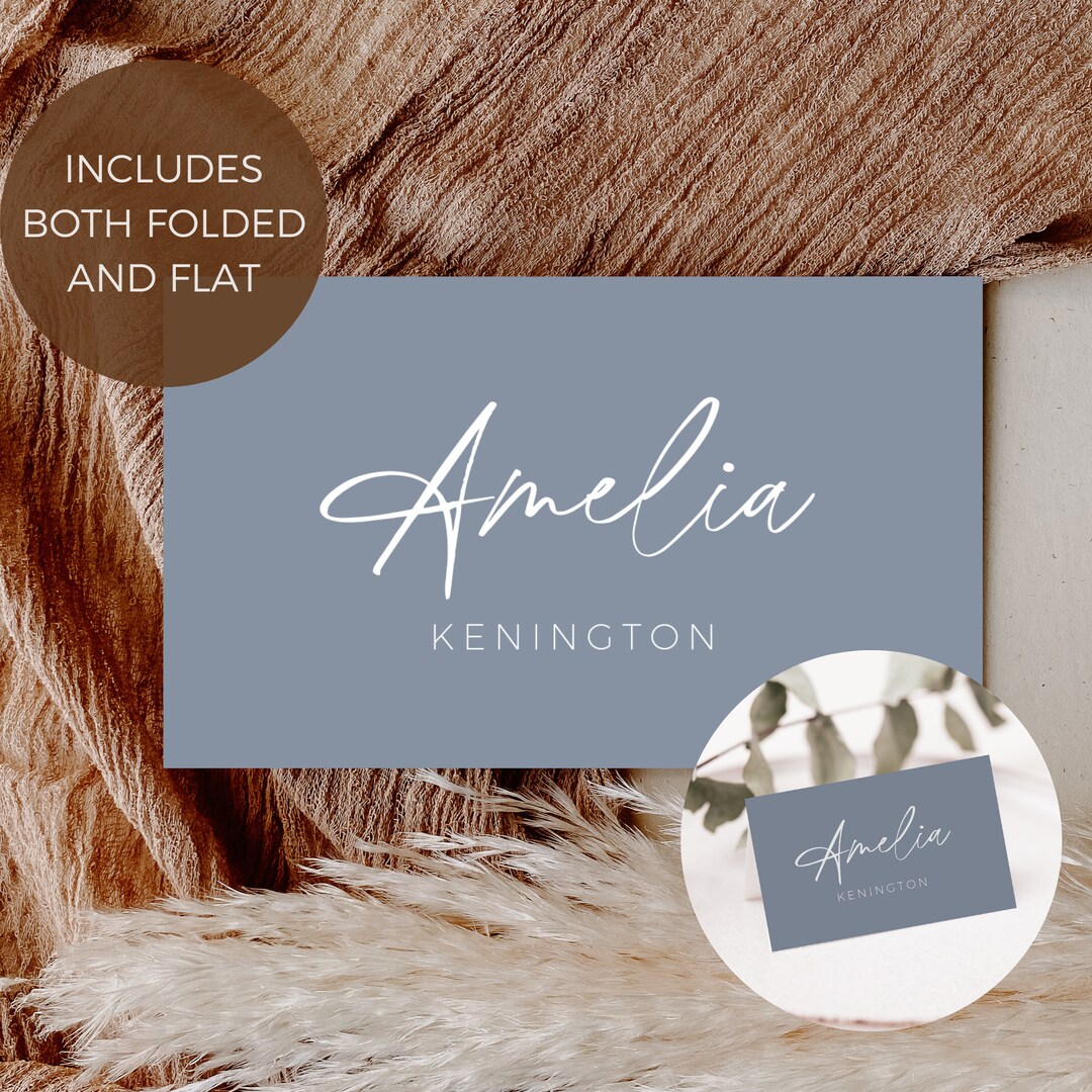 Dusty Blue Name Card Template, Bohemian Wedding Place Card Template ...