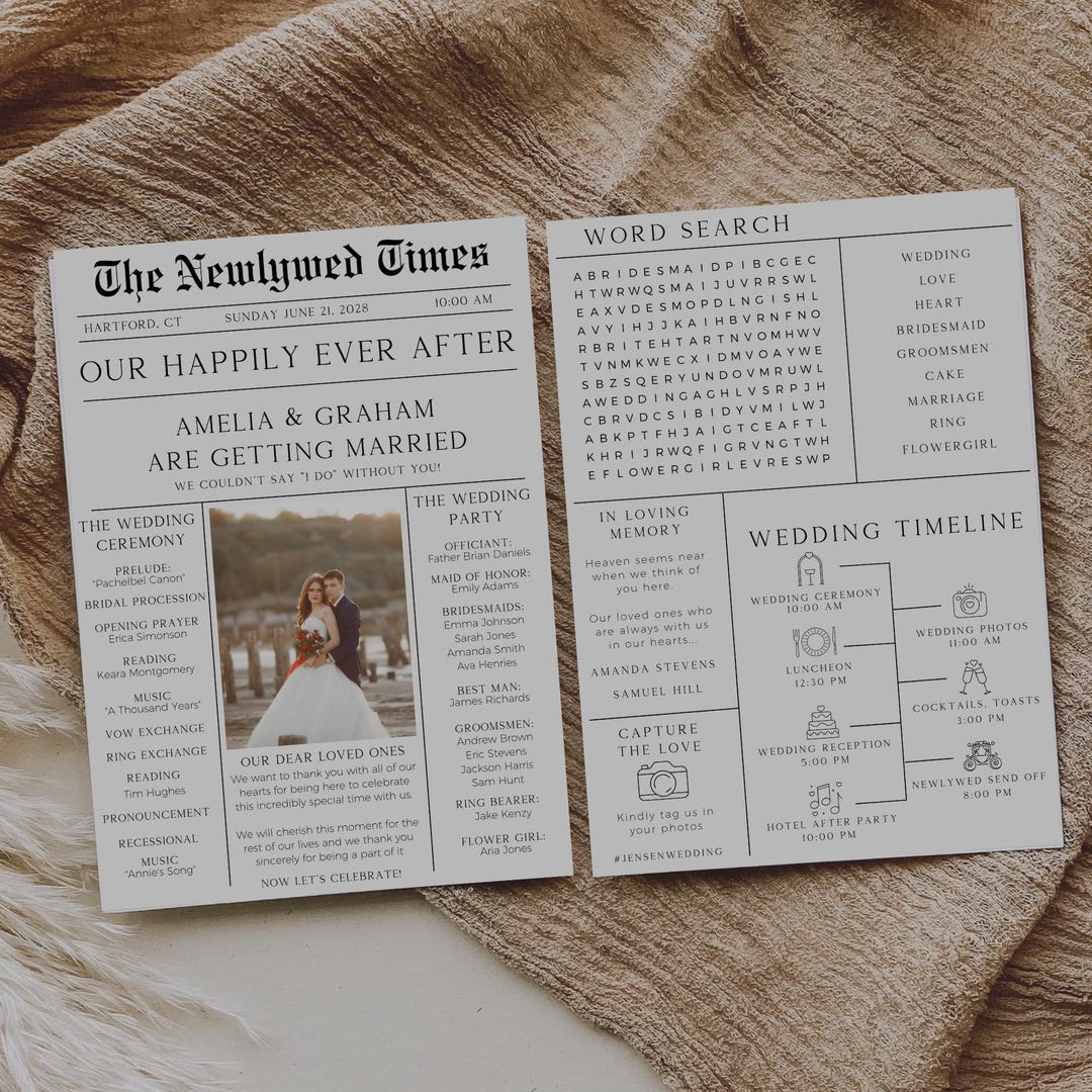 Newspaper Wedding Program Template, Fun Unique Wedding Program With ...
