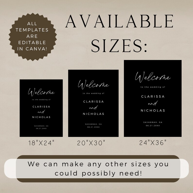Black Wedding Welcome Sign, Fully Editable Canva Template, Large ...