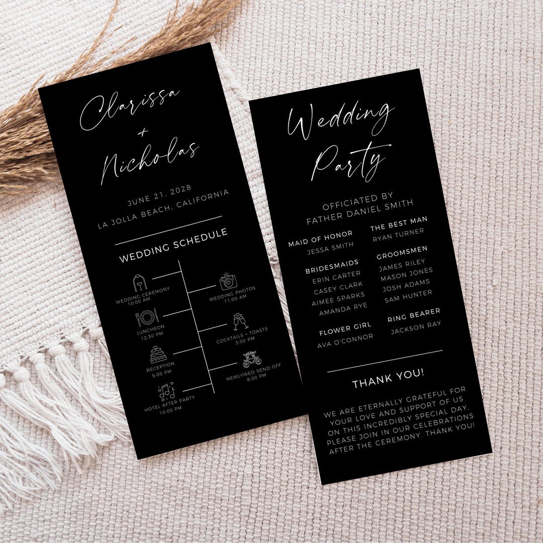 Black Wedding Program Template, Dark Wedding Timeline, Order of Events, Custom Ceremony Program ...