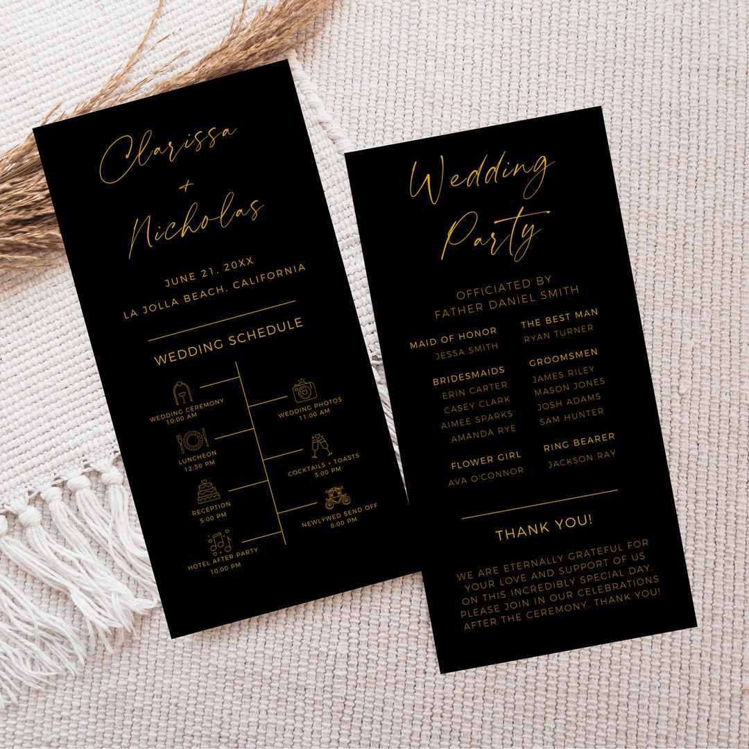 Black and Gold Wedding Program Template, Wedding Day Timeline, Order of ...