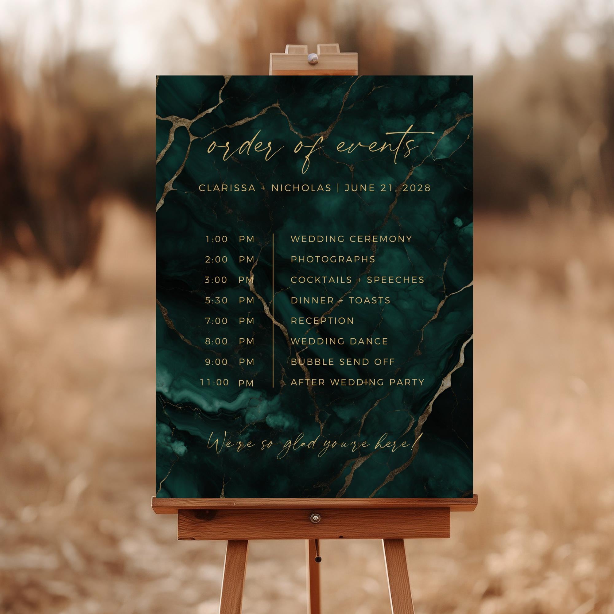 Emerald Green Wedding Timeline Sign, Dark Green & Gold Order of Events ...