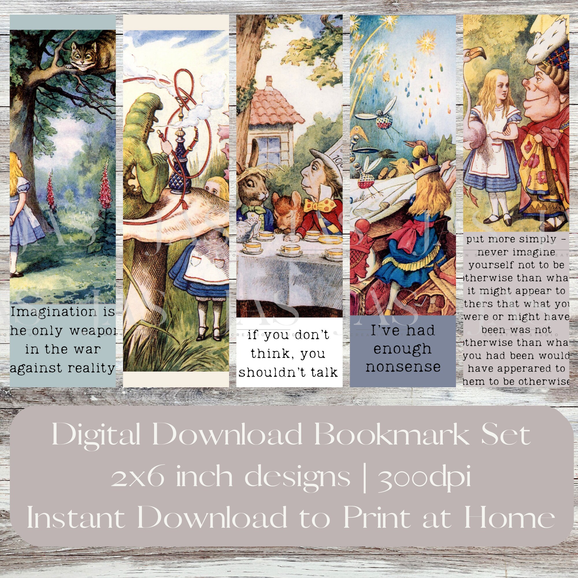 Alice in Wonderland Set of 10 Bookmarks, Printable Bookmarks, Digital ...