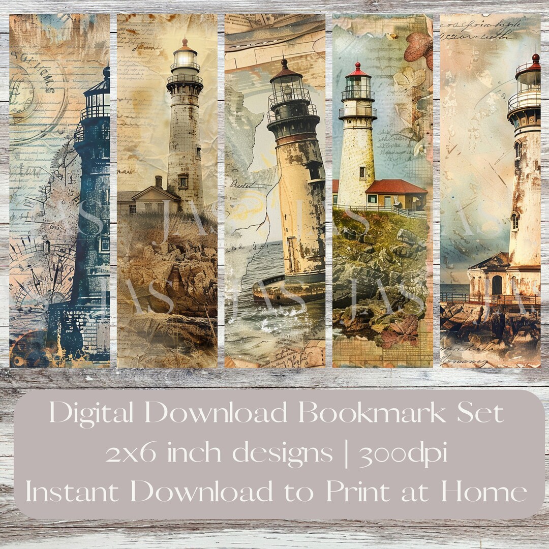 Vintage Lighthouse Bookmarks, Set of 10 Printable Bookmarks, Digital ...