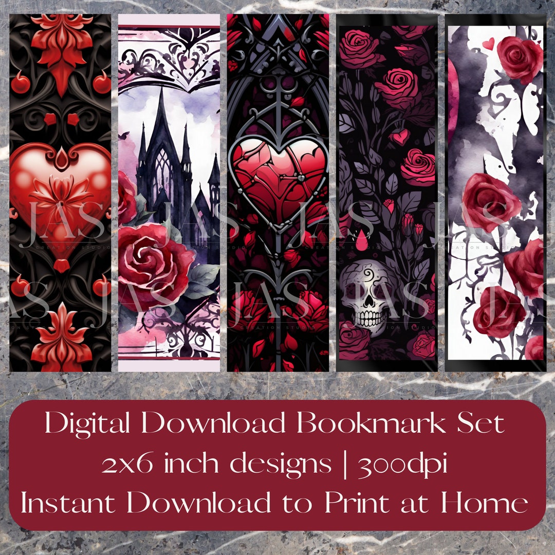 Gothic Valentine Bookmark Set, Printable Bookmarks, Digital Bookmarks ...