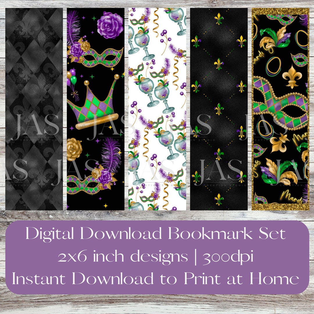 Mardi Gras Bookmark Set, Printable Bookmarks, Digital Bookmarks ...