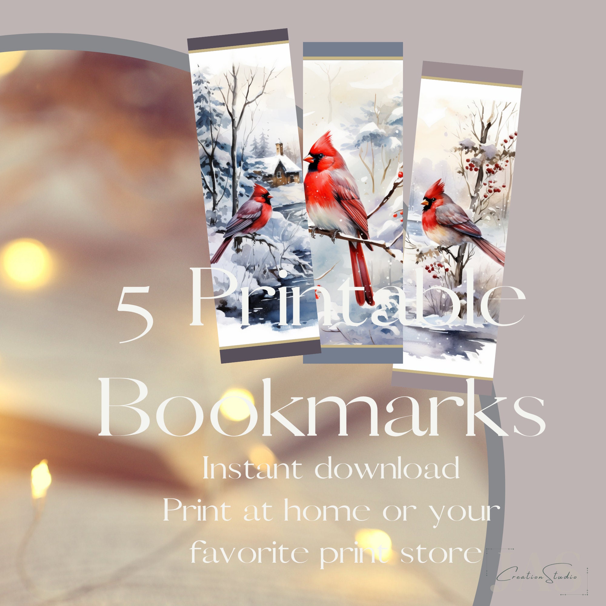 Winter Cardinal Bookmarks, Set of 5 Printable Bookmarks, Digital ...