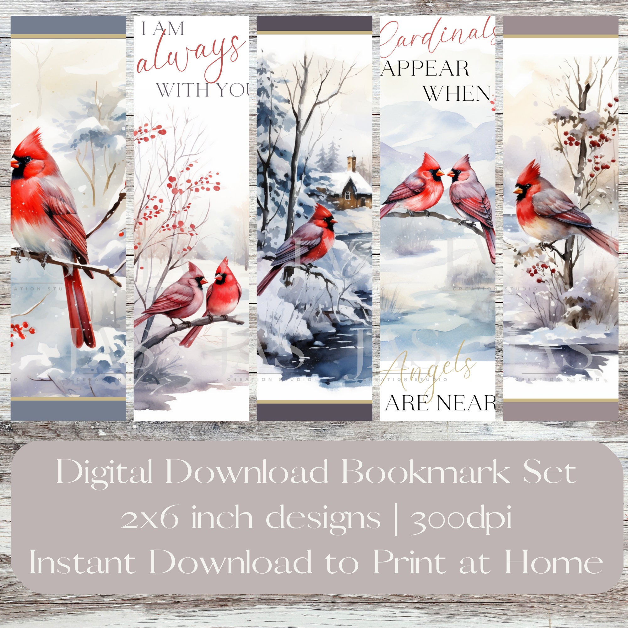 Winter Cardinal Bookmarks, Set of 5 Printable Bookmarks, Digital ...