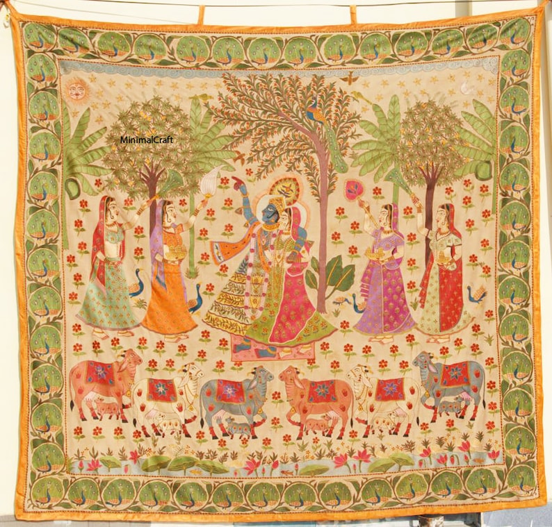 Lord Krishna Radha Pichwai Hand Made Embroidery Art Work, Wall Hanging ...