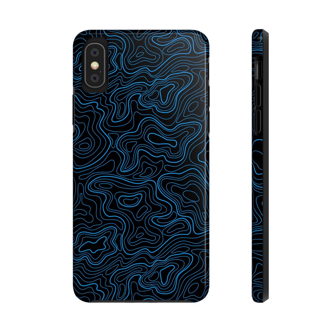 Blue and Black Topographic Map iPhone Case With Wireless Charging ...