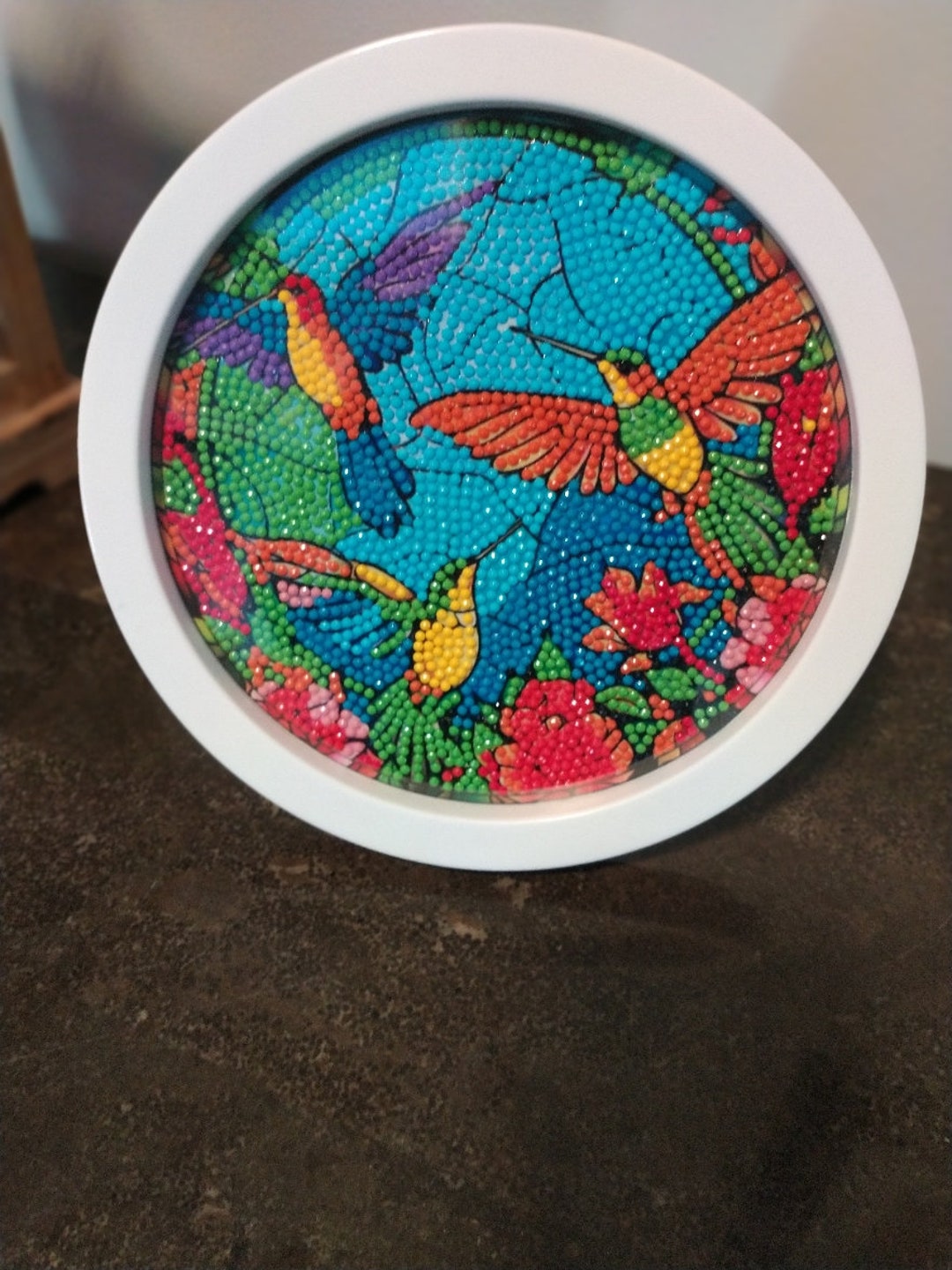 Hummingbirds "stained Glass" Pic in White Round Frame Completed Diamond ...