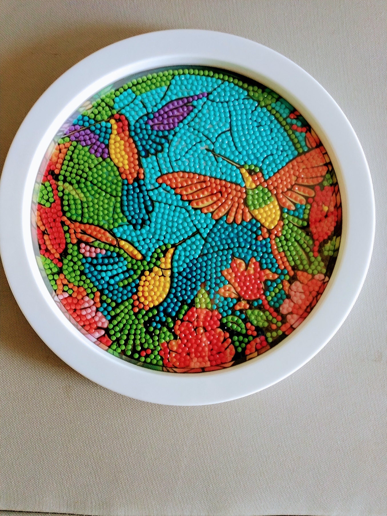 Hummingbirds "stained Glass" Pic in White Round Frame Completed Diamond ...
