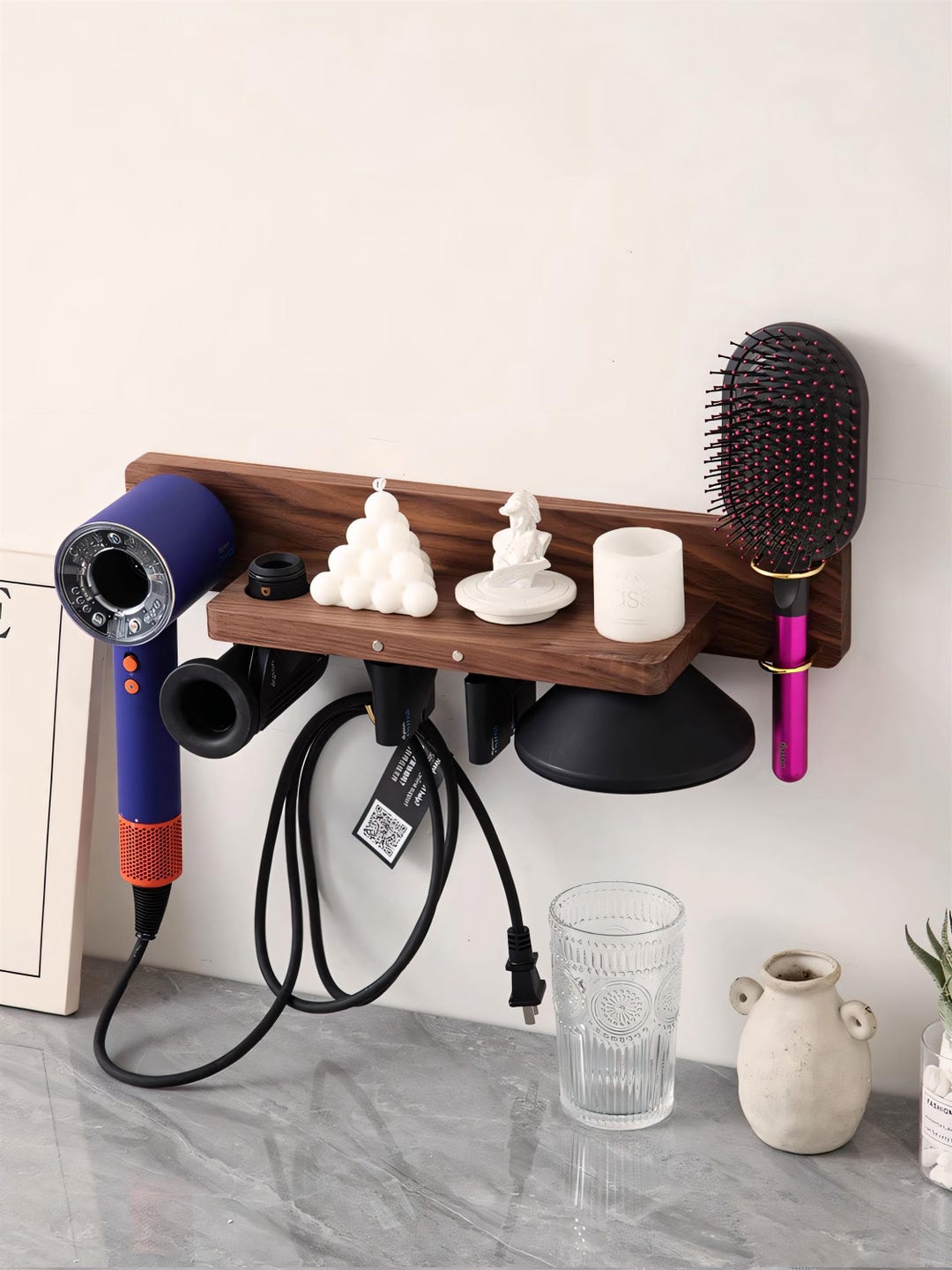Solid Wood HD16 Hair Dryer Shelf, Hairdryer Holder,no Punching,bathroom ...