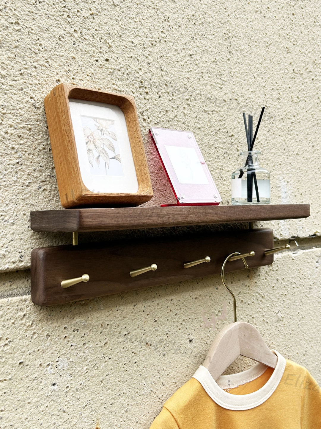 Scandinavian Simple Shelf, Brass Hooks, Wall Shelves, Black Walnut ...