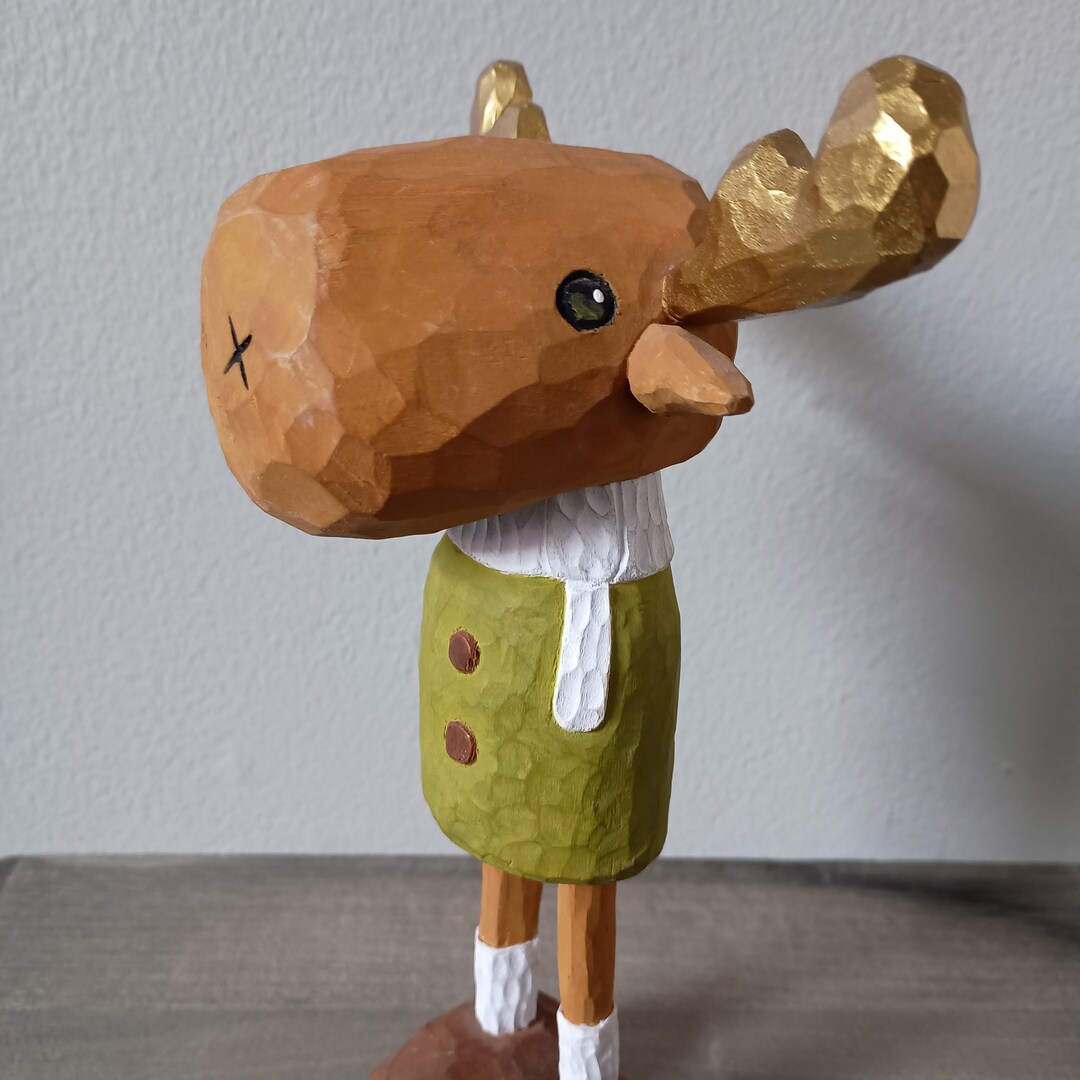 Moose Deer in Winter Sculpture Handmade Craving From Wood, Low Polygon ...
