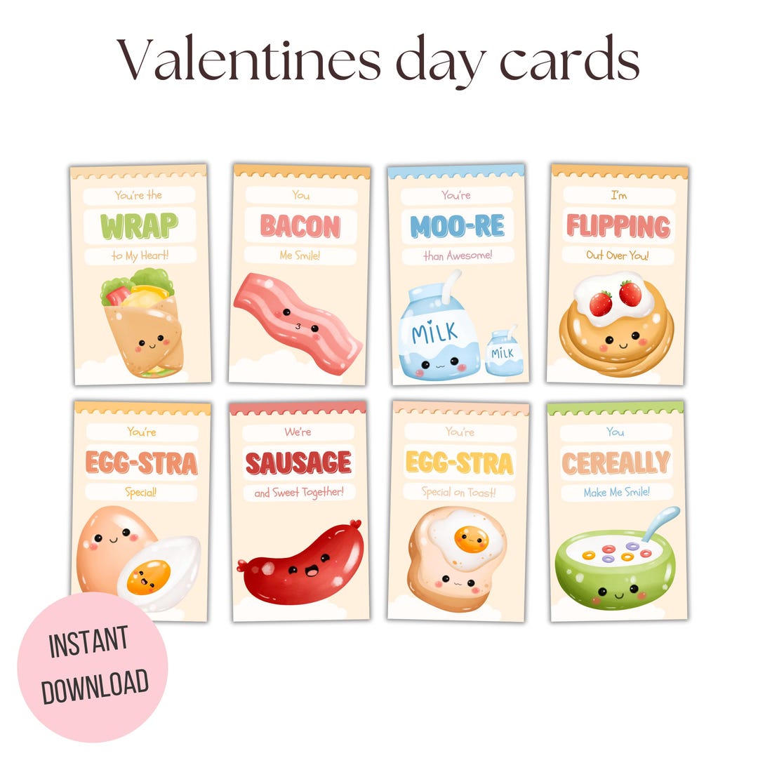 Printable Breakfast Valentines Cards, Cute Kids Food Breakfast School ...