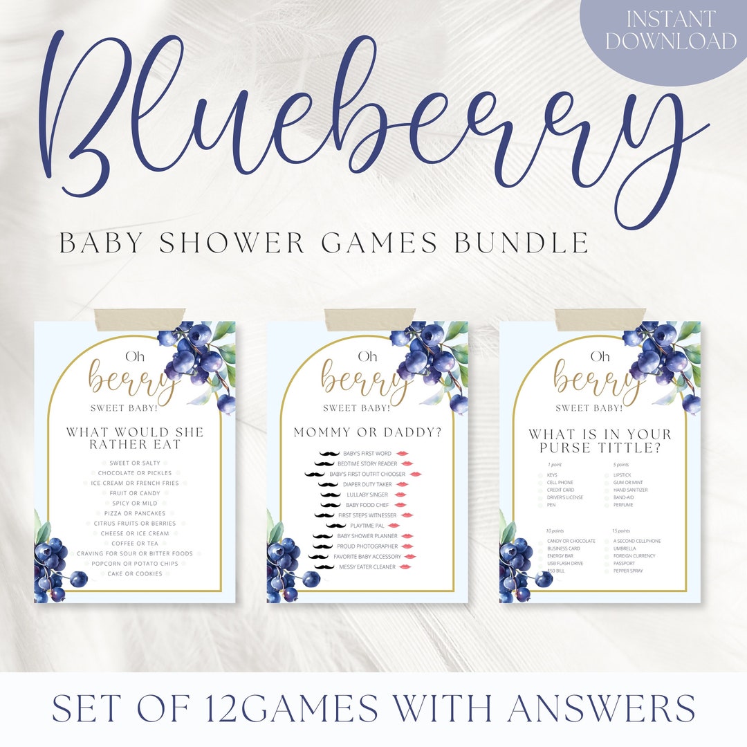 Printable Blueberry Baby Shower Games Bundle, Set of 12 Baby Shower ...
