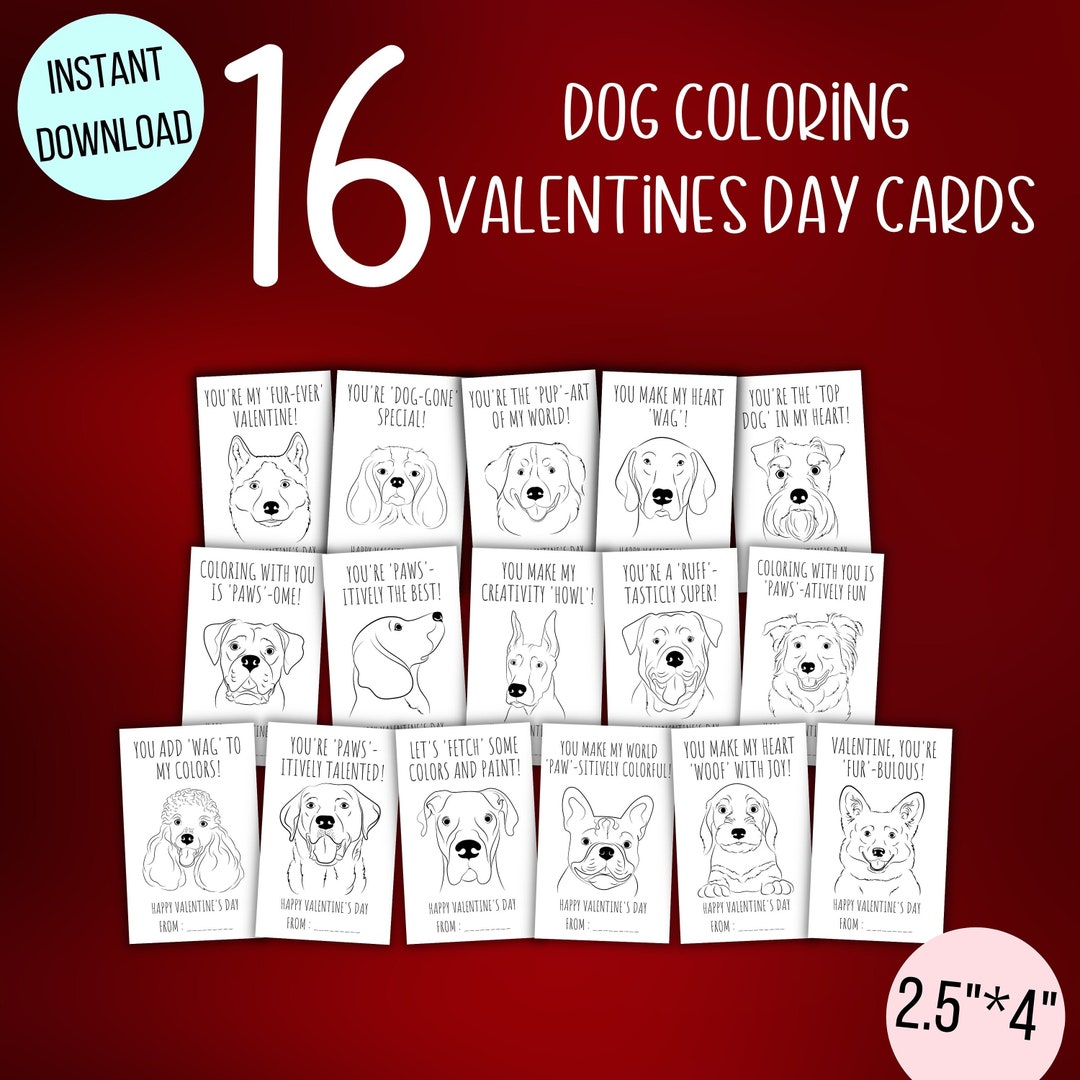 Printable Dog Coloring Valentines Cards, Cute Kids School Classroom ...