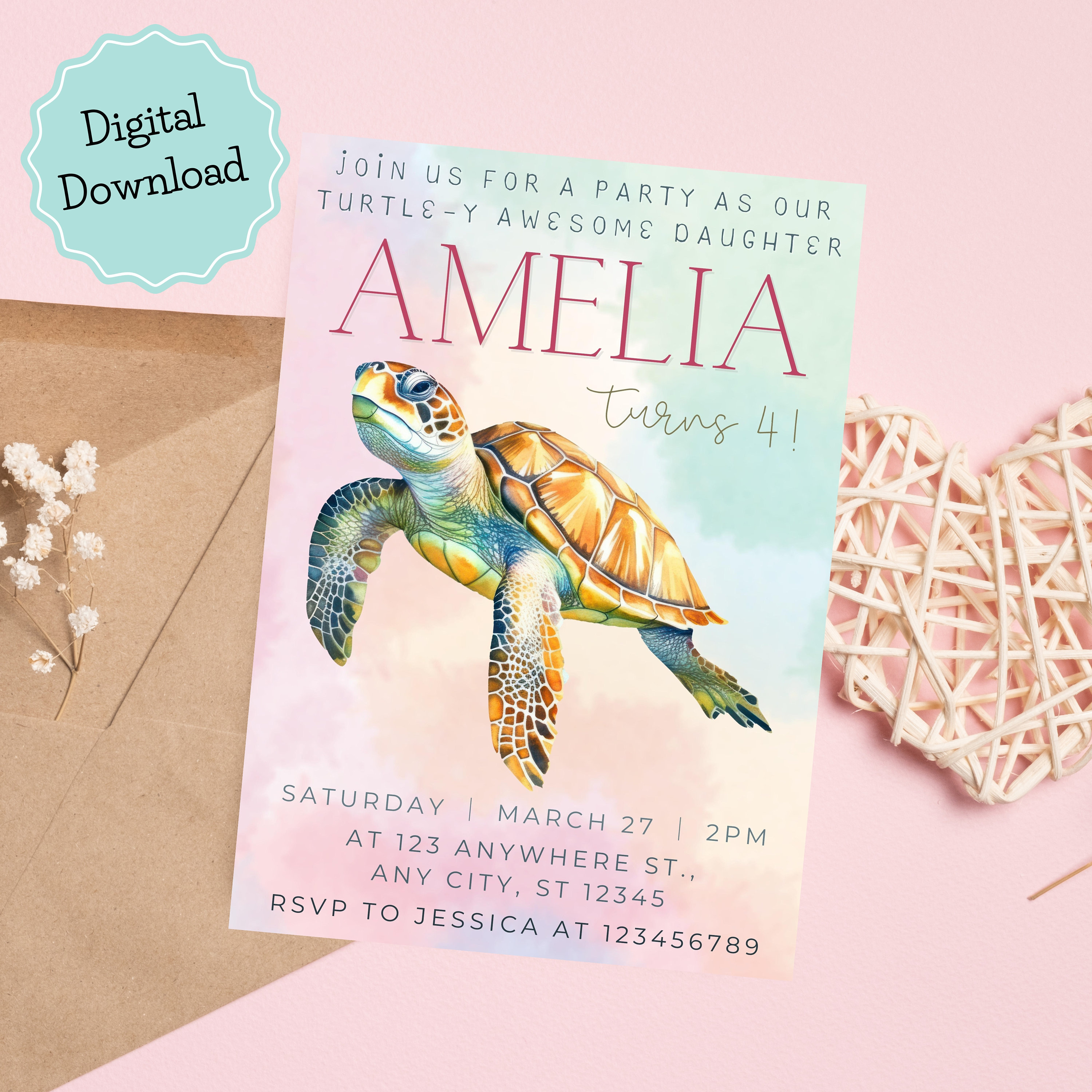 Printable Turtle Invitation Watercolor Turtle Birthday - Etsy