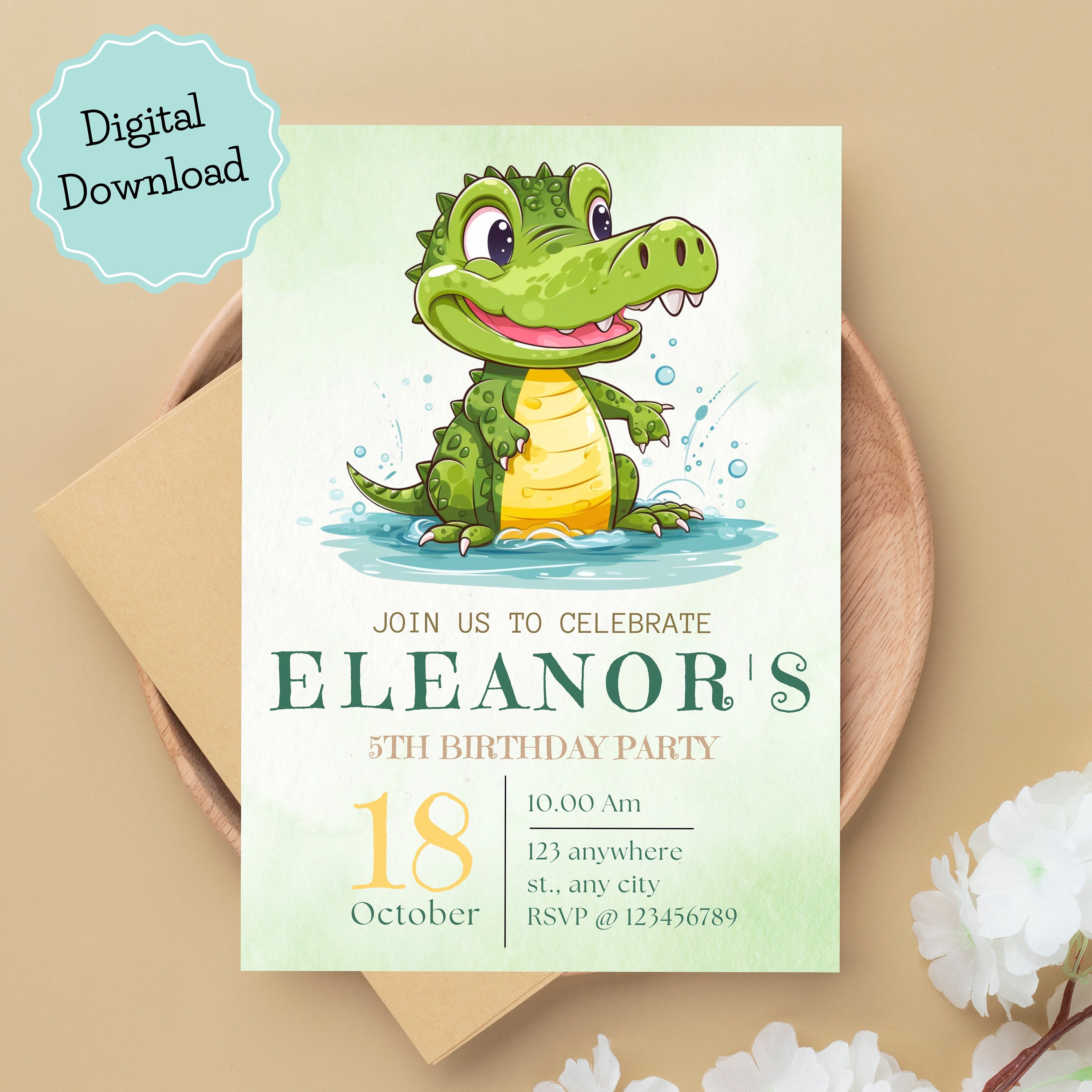 Printable Crocodile Party Invitations, Watercolor Alligator Birthday ...