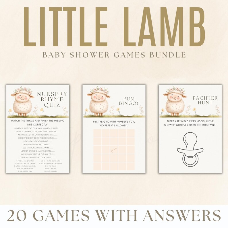 Printable Lamb Baby Shower Games Bundle, Set of 20 Baby Shower Games ...