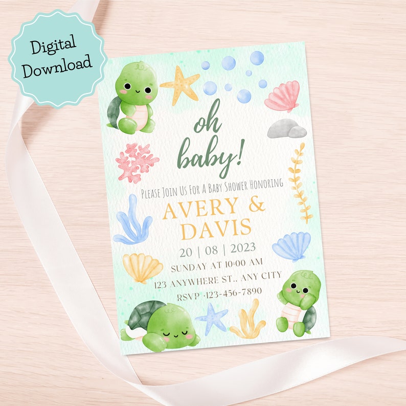 Printable Ocean Sea Turtle Baby Shower Invitation, Watercolor Sea ...