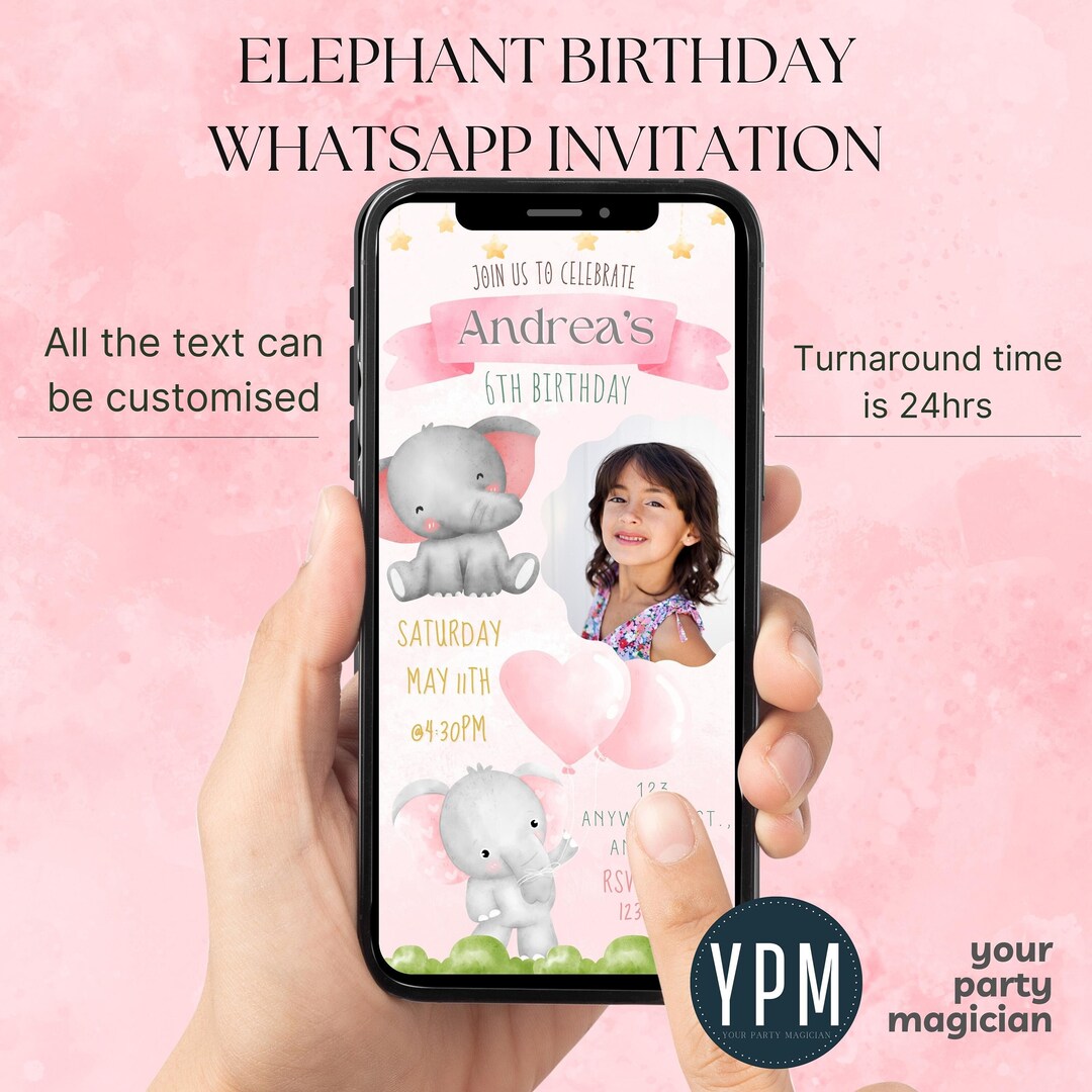 Personalized Elephant Birthday Whatsapp Invitation, Animals Birthday ...