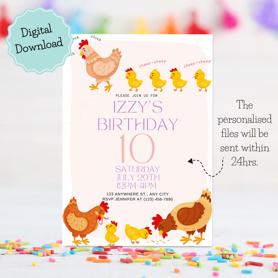 Printable Chicken Birthday Invitation, Watercolor Farm Chick Birthday ...