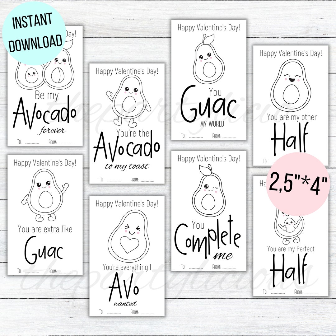 Printable Cute Avocado Coloring Valentine's Day Cards, Kawaii Kids ...