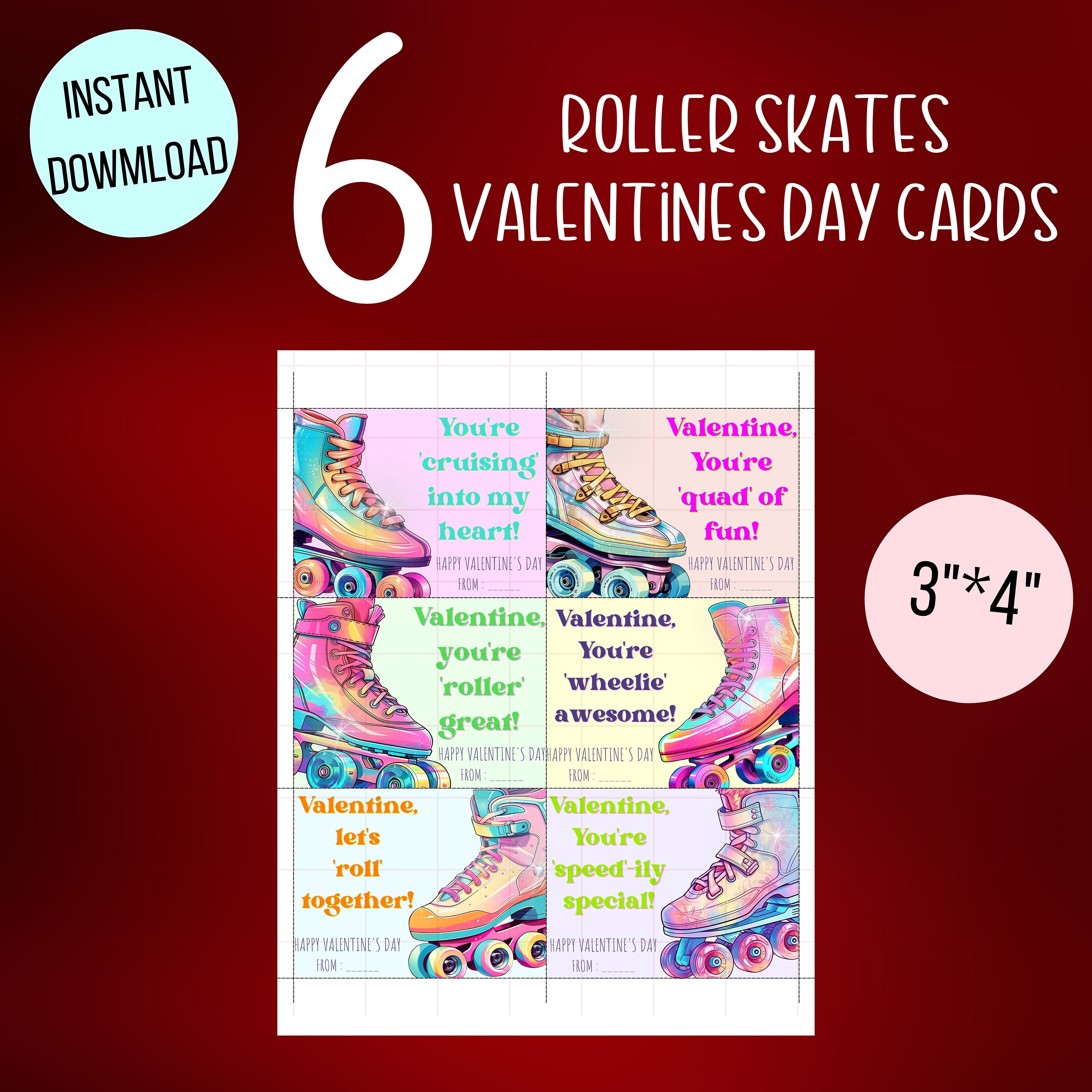 Printable Retro Skates Valentine's Cards, Roller Skates Kids Valentines ...