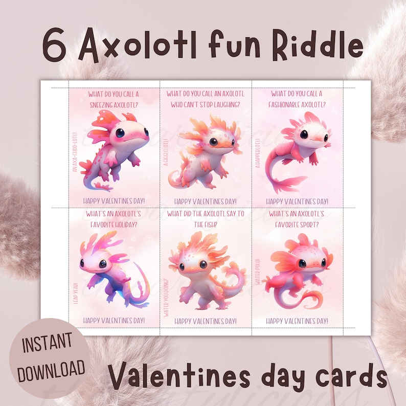 Printable Fun Pink Riddle Axolotl Valentine's Day Cards, School ...