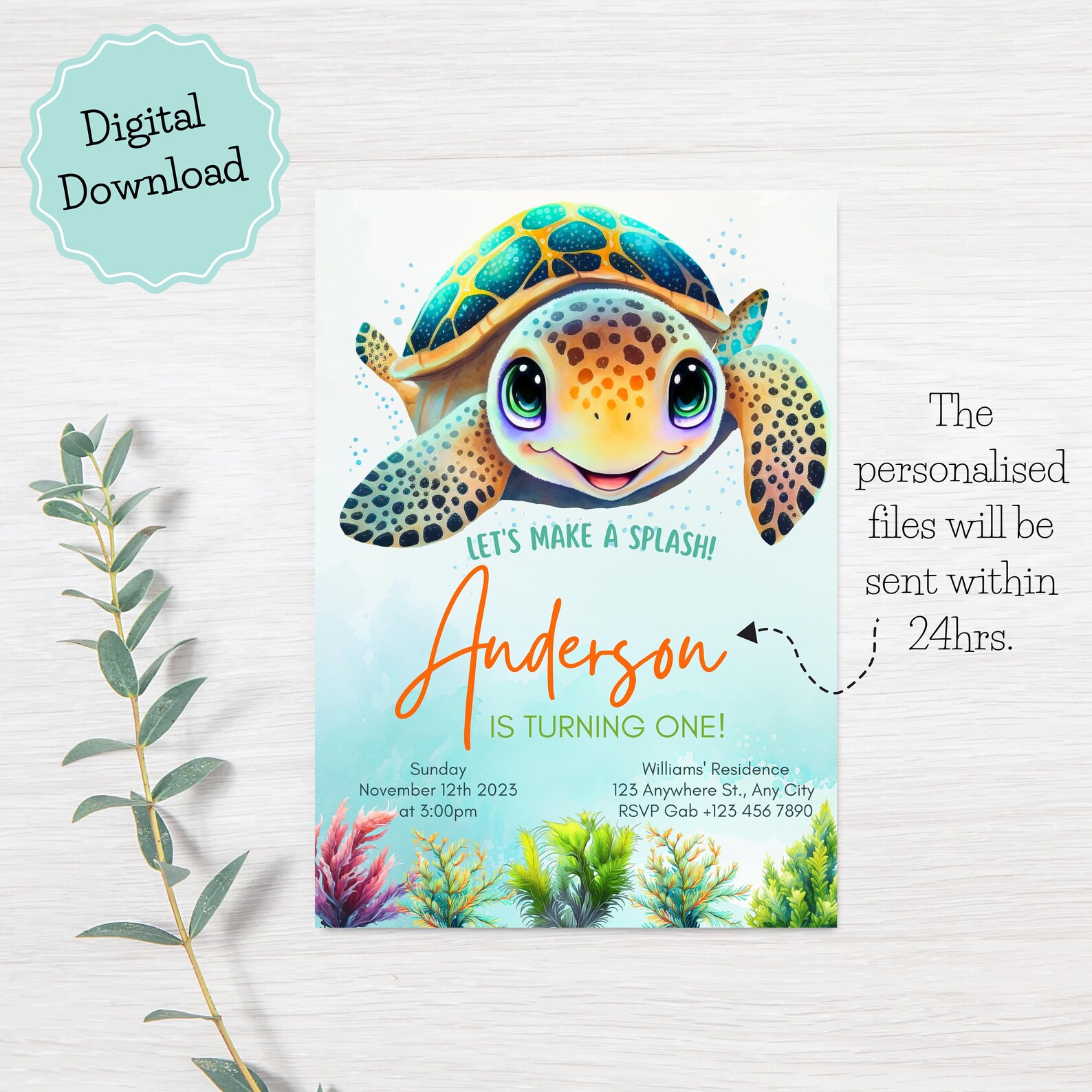 Printable Turtle Invitation, Watercolor Turtle Birthday Invite, Turtle ...