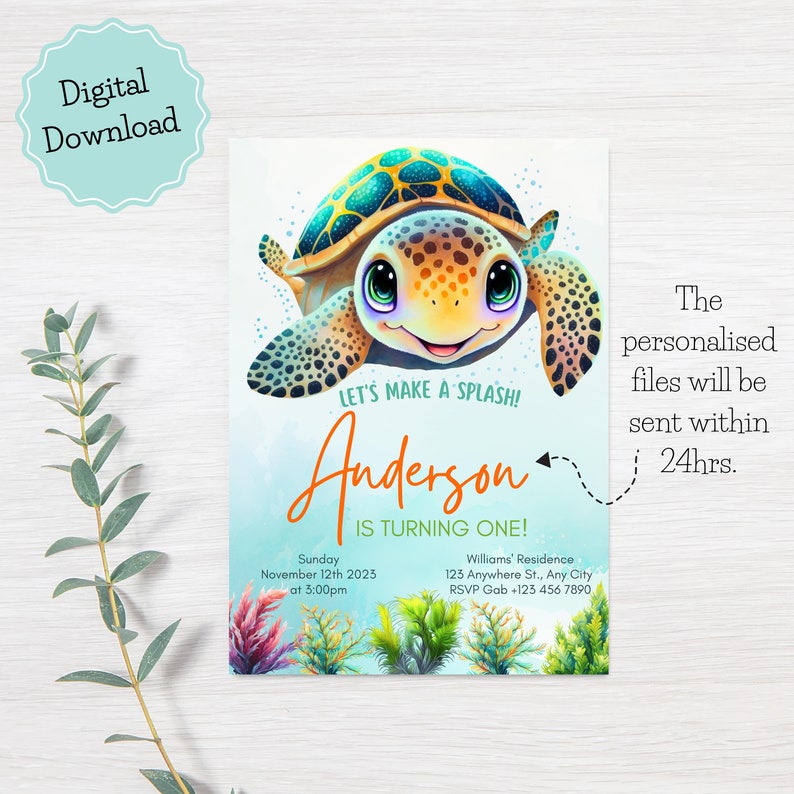 Printable Turtle Invitation, Watercolor Turtle Birthday Invite, Turtle ...