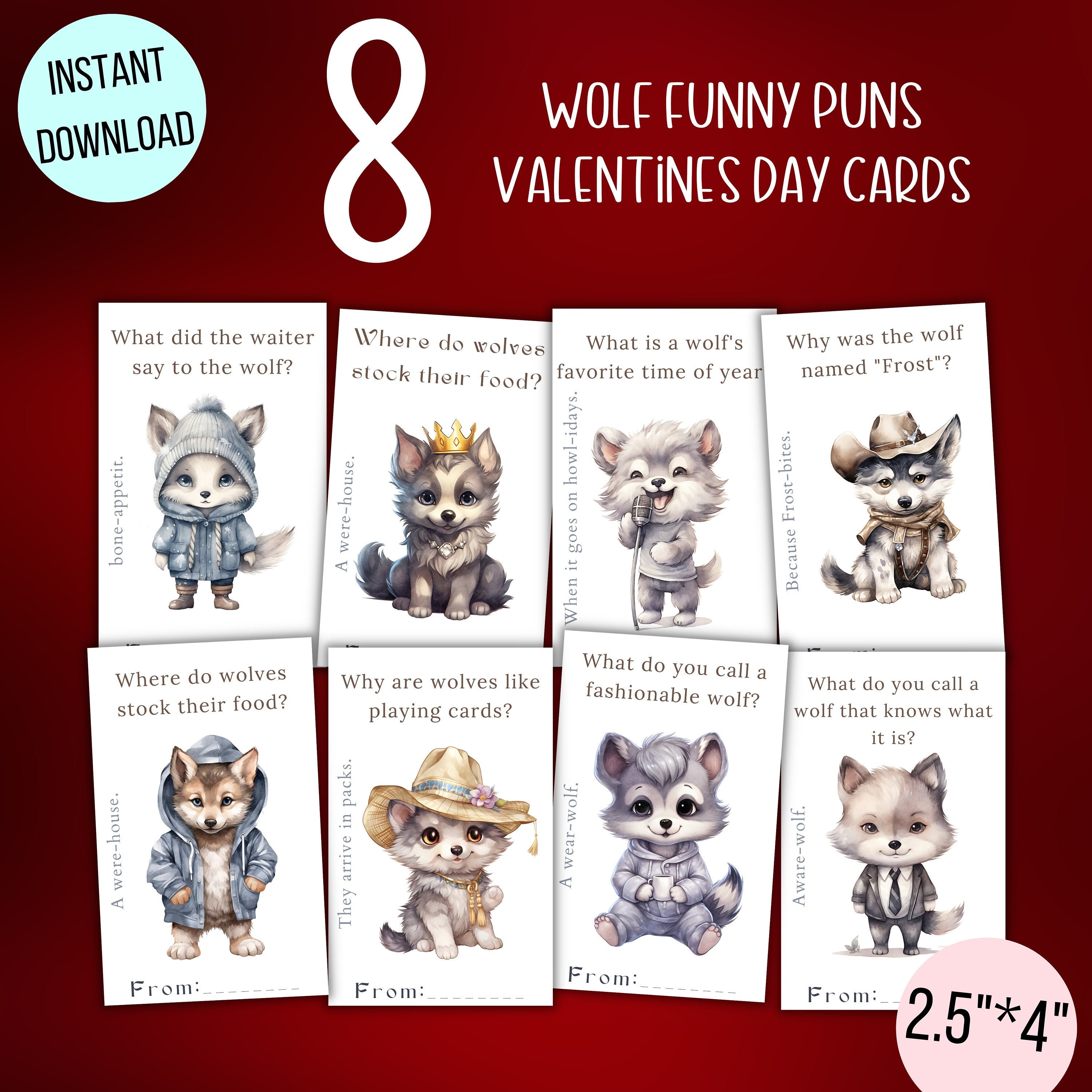 Printable Funny Wild Wolf Valentine's Cards for Kids, Animals Wolf ...