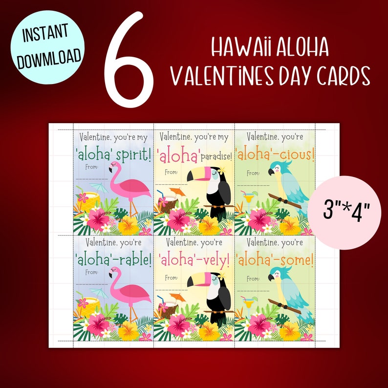 Printable Aloha Valentine's Cards, Cute Hawaiian Valentines Tags, Cute ...
