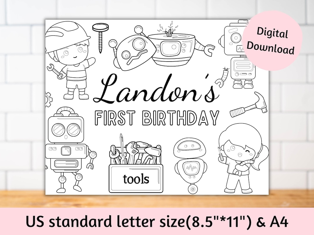 Personalized Robot Birthday Coloring Page for Kids Party Favors, Robot ...