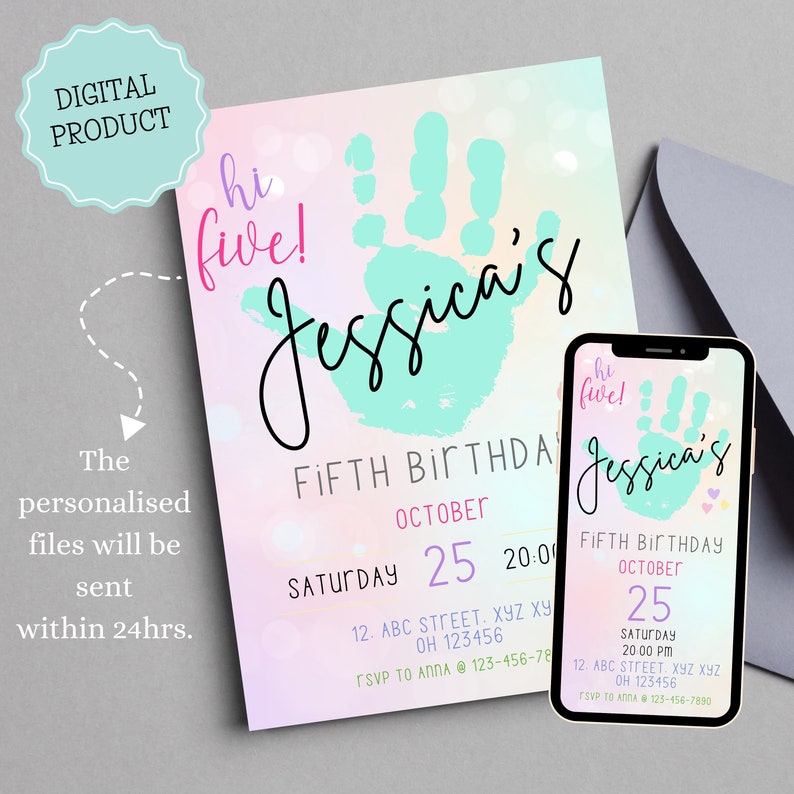 Printable High Five Girls Birthday Invitation, Hi 5 Birthday Invite, Hi ...