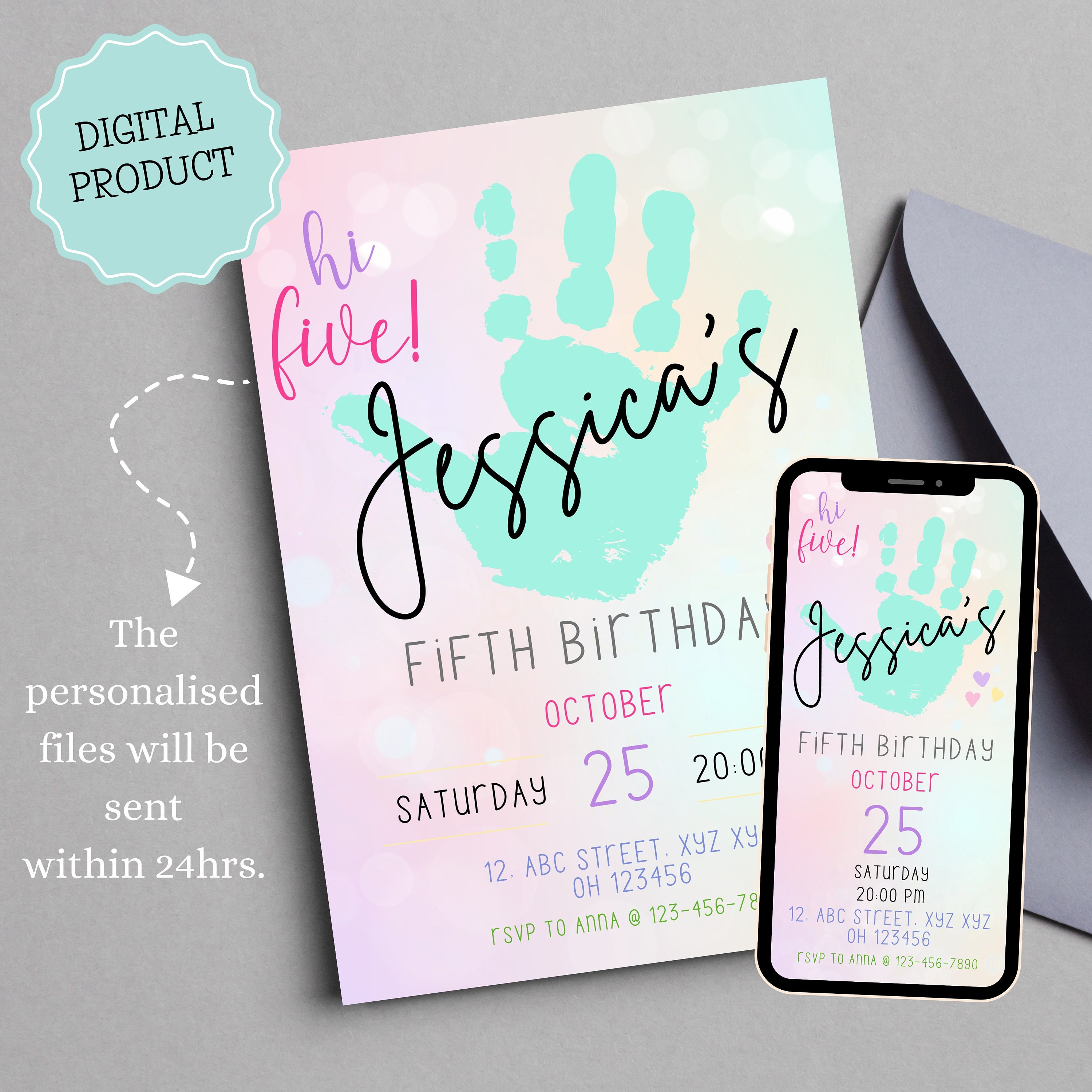 Printable High Five Girls Birthday Invitation, Hi 5 Birthday Invite, Hi ...