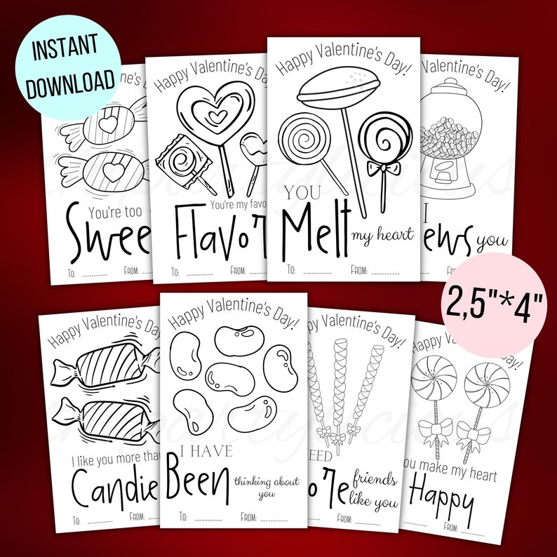 Printable Candy Coloring Valentine's Day Cards Cute Candy - Etsy