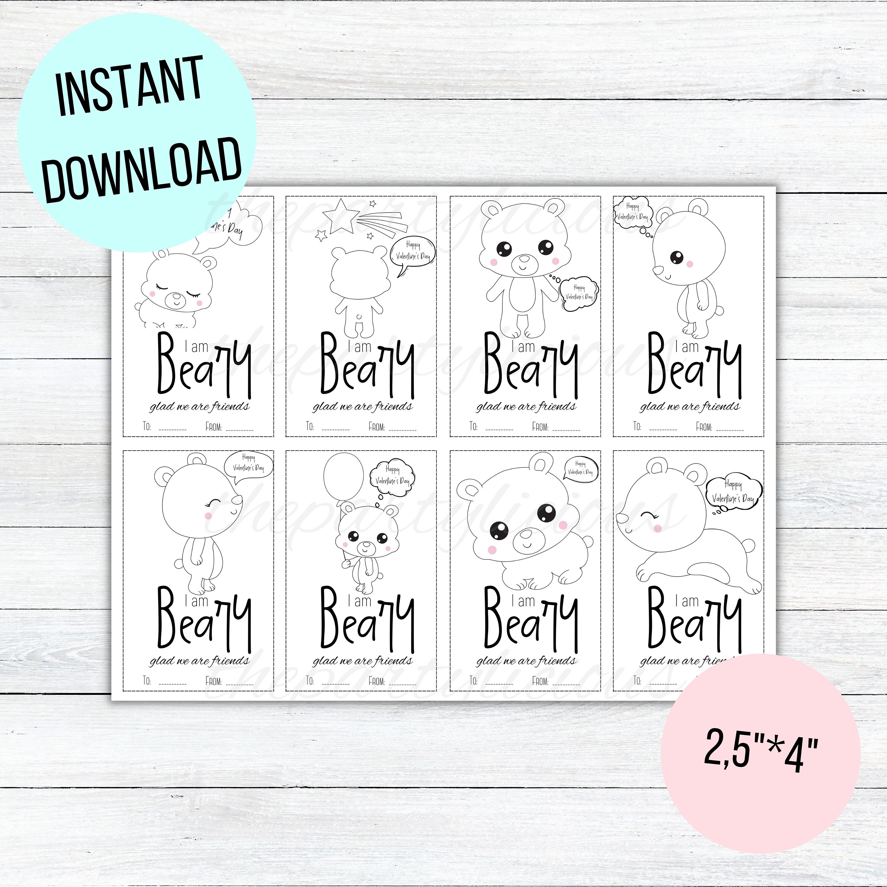 Printable Cute Bear Coloring Valentine's Day Cards, Bear School ...