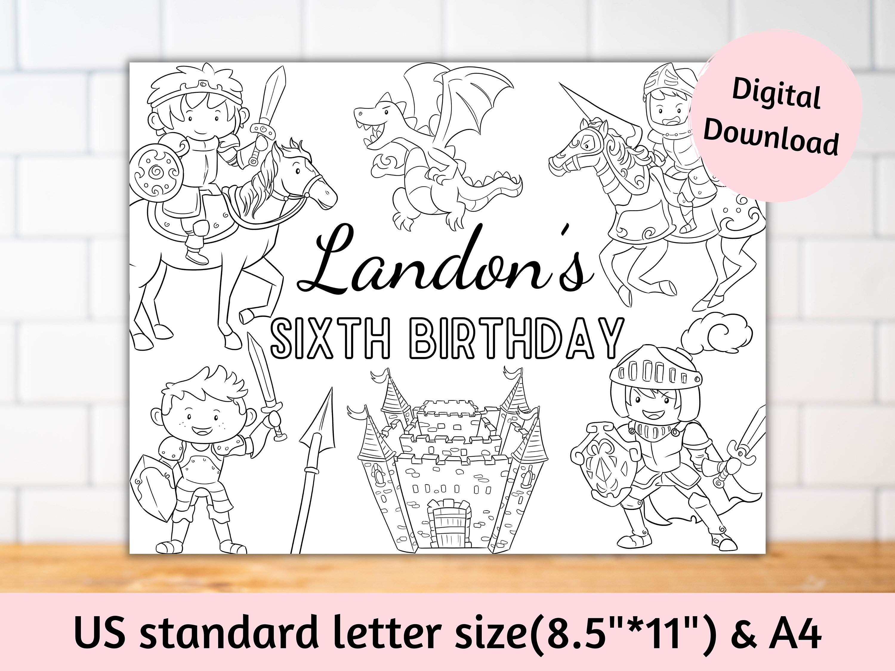 Personalized Knight Coloring Page for Kids, Prince Birthday Party ...