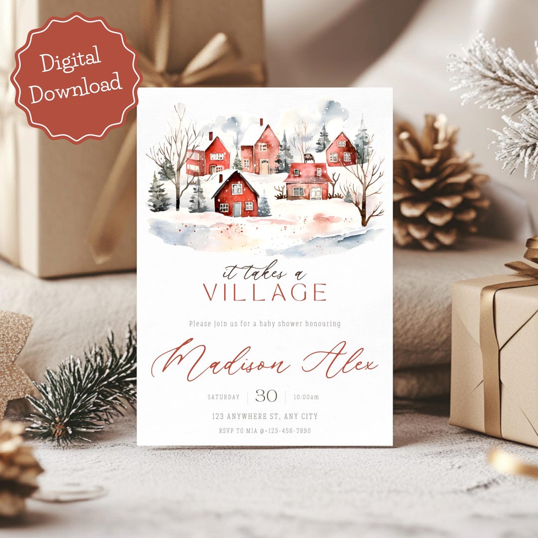 It Takes a Village Baby Shower Invitation, Winter Wonderland Christmas ...