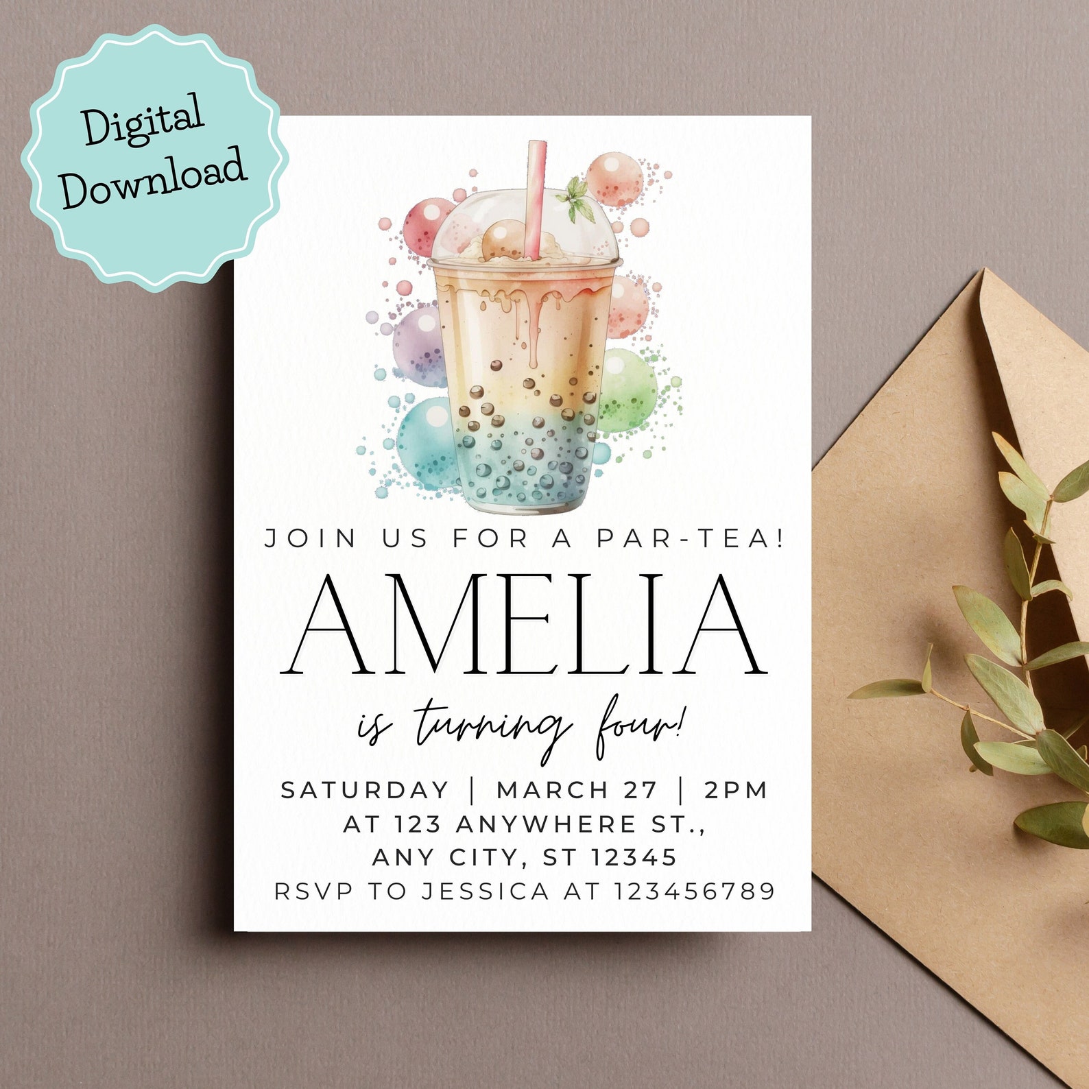 Printable Bubble Tea Birthday Party Invitation, Cute Rainbow Bubble Tea ...