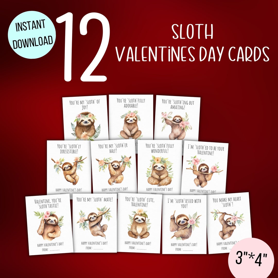 Printable Sloth Valentine's Cards, Kids Classroom School Valentines ...