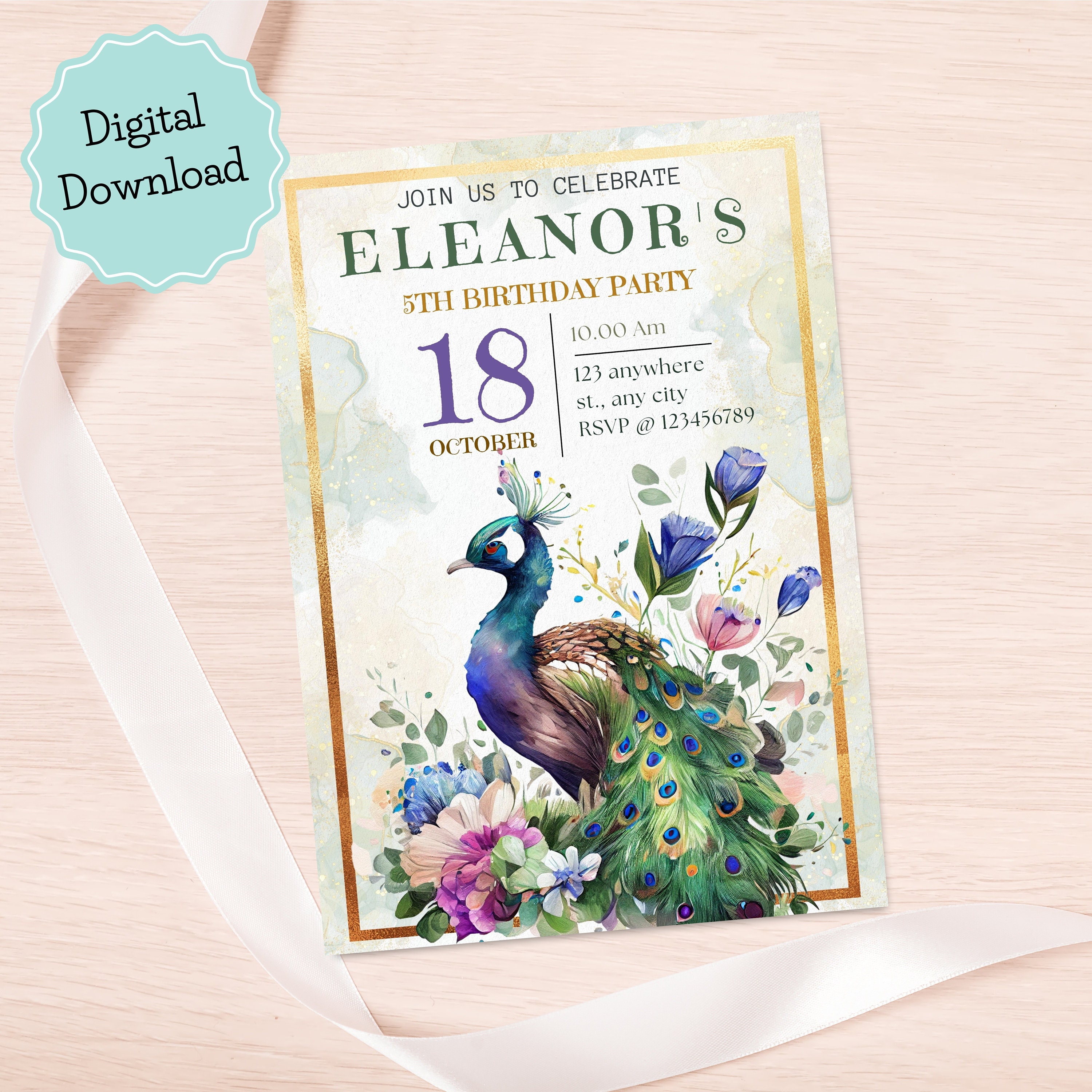 Printable Peacock Invitation, Watercolor Bird Peacock Birthday Invite ...